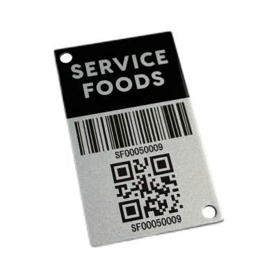 China Custom Silver Surface Black Logo Metal Asset Tag Aluminum Serial Number Barcode Label for Warehouse Management for sale
