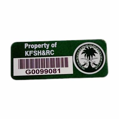 China Custom Green Surface Metal Asset Tag Unique Serial Number Aluminum Barcode Label for Logistics Tracking for sale