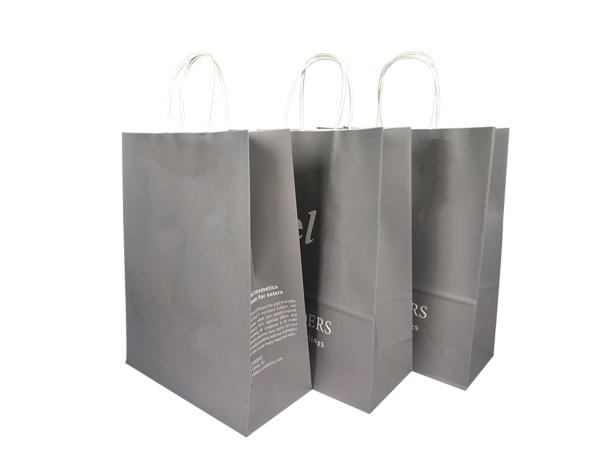 Quality Gray Paper Shopping Bag with White Lettering and Handles for sale