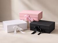 Quality Foldable Ribbon-Tie Gift Boxes in White, Pink and Black for sale