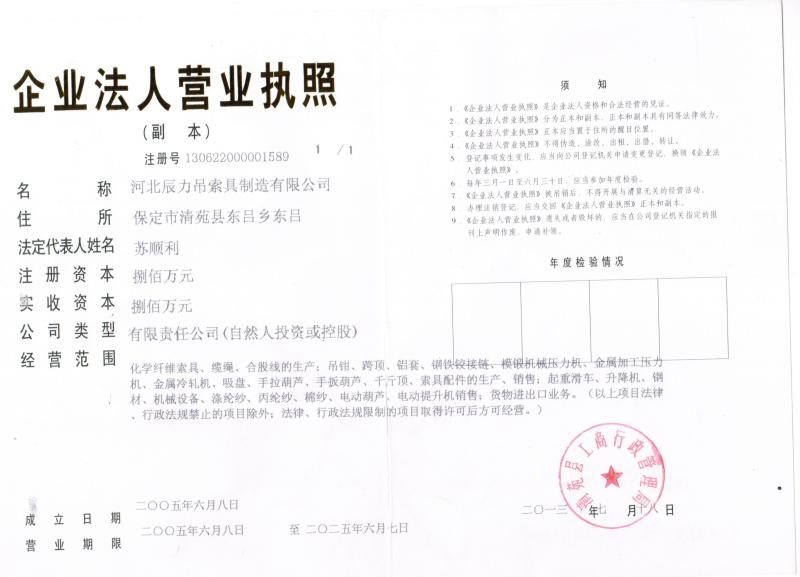  - HEBEI CHENLI RIGGING MANUFACTURING CO.,LTD