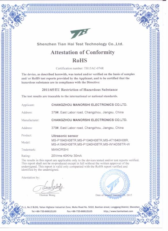 ROHS certificate - CHANGZHOU MANORSHI ELECTRONICS CO.LTD.