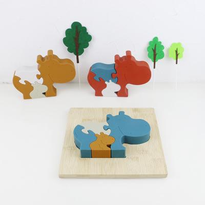 China Silicone and wooden jigsaw puzzle standing animal hippo puzzle kid toys for child playing for sale