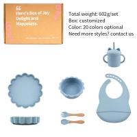 China Modern Style Silicone Dinnerware Set , BPA Free Baby Silicone Plate bowl cup bib spoon fork feeding Set for sale