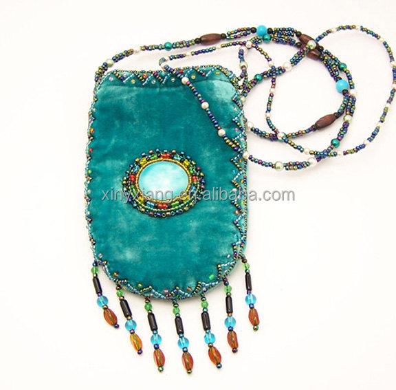 Factory custom Beaded Velvet Purse Pouch with elaborate beads, Hand Made Beaded Velvet Coin Purses, Velvet Porceleain Bead Pouch