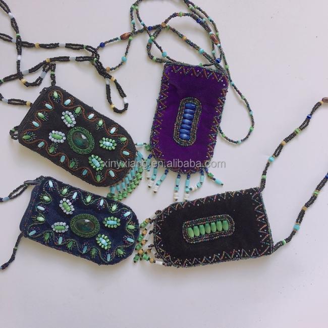 Factory custom Beaded Velvet Purse Pouch with elaborate beads, Hand Made Beaded Velvet Coin Purses, Velvet Porceleain Bead Pouch