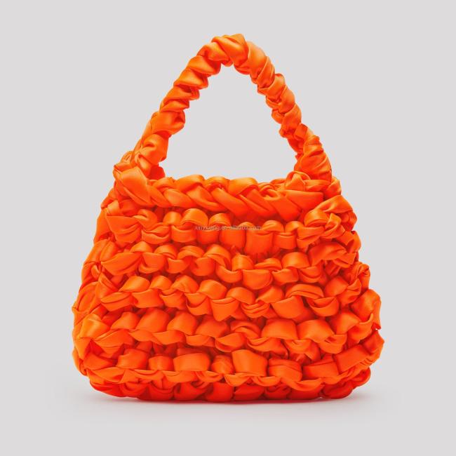 Factory custom Satin Mini Tote Bag, Ribbon Hand Crocheted Handbag, Hand-Knitted Stud Totes