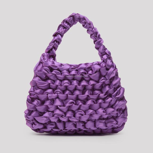 Factory custom Satin Mini Tote Bag, Ribbon Hand Crocheted Handbag, Hand-Knitted Stud Totes