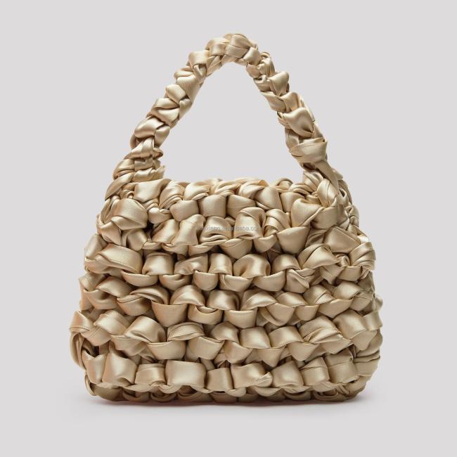 Factory custom Satin Mini Tote Bag, Ribbon Hand Crocheted Handbag, Hand-Knitted Stud Totes