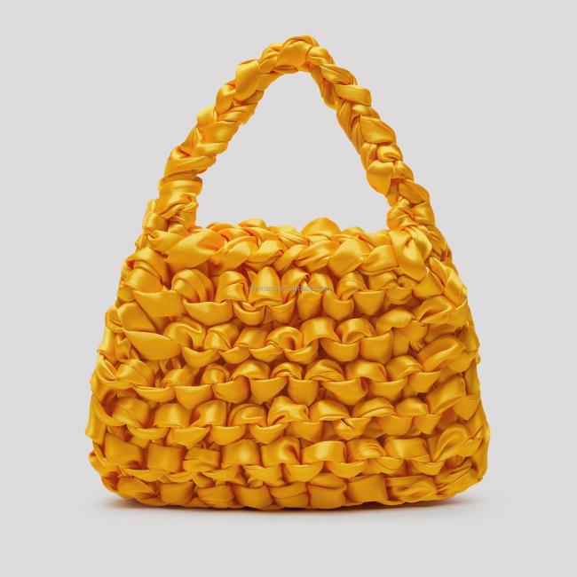 Factory custom Satin Mini Tote Bag, Ribbon Hand Crocheted Handbag, Hand-Knitted Stud Totes