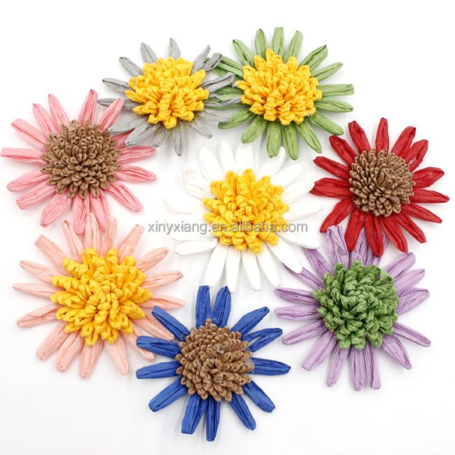 Factory custom Handmade Raffia Flowers Beautiful Raffia Flower Patches for Hat Bag Garment, Woven Applique Sticker