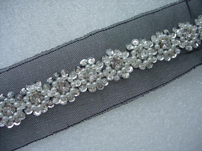 Factory Wholesale Beaded Embroidery Ribbon Lace Trim, Pearl Beaded Lace Trim Sequined Tulle Lace Trimming