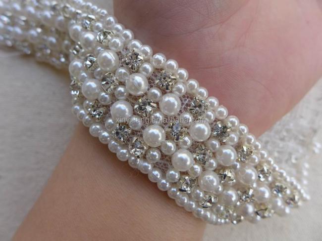 Factory Wholesale Beaded Embroidery Ribbon Lace Trim, Pearl Beaded Lace Trim Sequined Tulle Lace Trimming