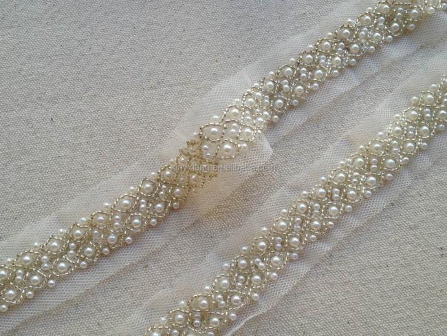 Factory Wholesale Beaded Embroidery Ribbon Lace Trim, Pearl Beaded Lace Trim Sequined Tulle Lace Trimming
