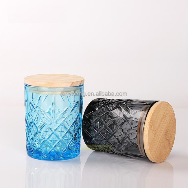 Factory Custom Clear diamond shaped surface glass jar with lid, Clear 8oz Short Round Glass Jar For Candle Making