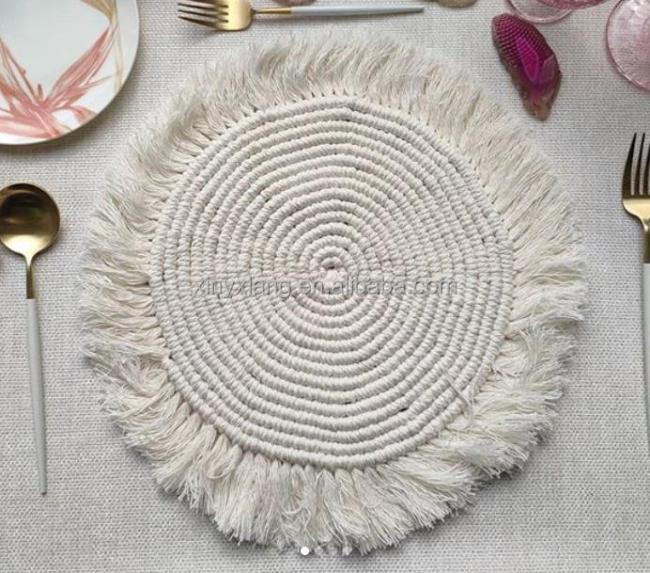 Factory Wholesale Handmade Macrame Coasters, Cotton Rope Braided Placemats, Round shape Table Decoration, Heat Resistant Cup Mat