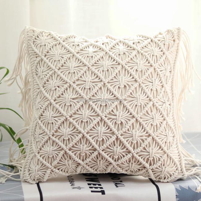 Factory Wholesale Macrame Handmade Woven Knotted Pillow Cover, Macrame Cushion Case for Bed Sofa Couch Bench Car Home Decor Gift