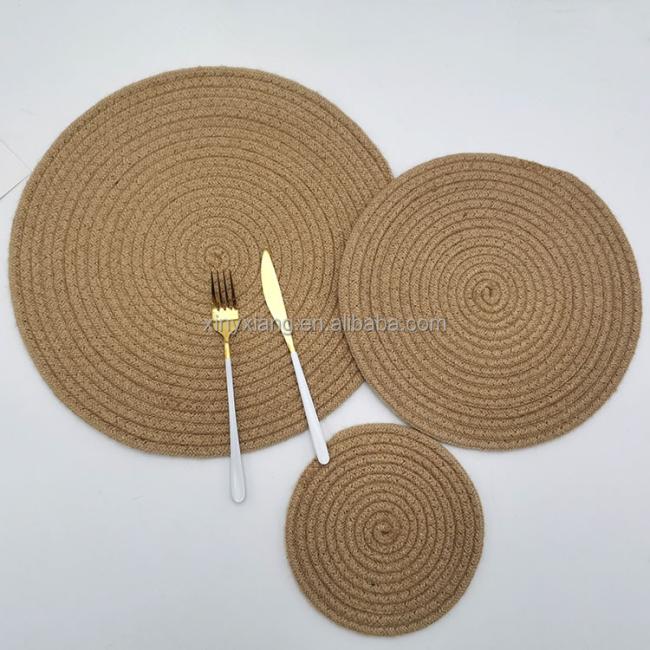 Factory wholesale&custom Cotton And Flax Rope Weave Coasters Round Placemat Package Table Mat Gifts, straw woven round placemats