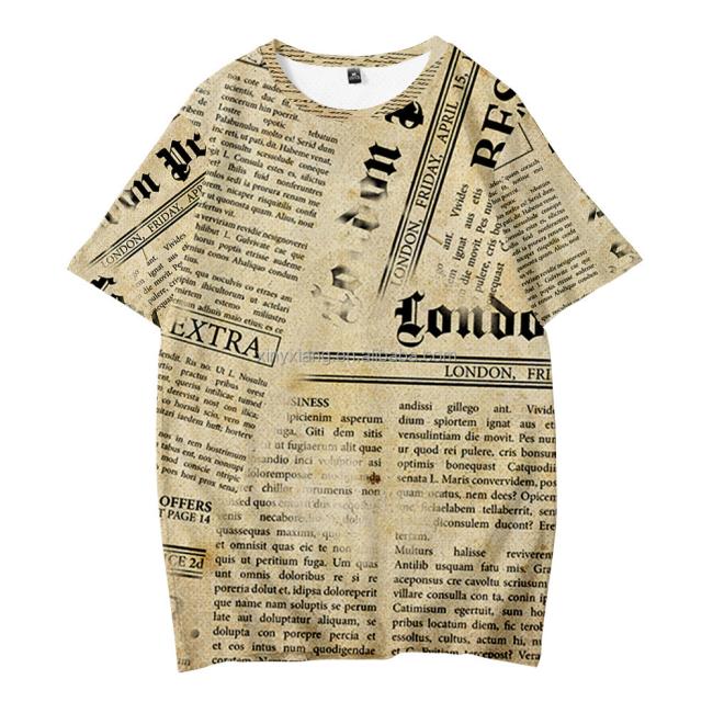 Factory Wholesale Men Newspaper Print V-Neck T-shirt, 3D Digital Printed Men's T-shirt Multi Color, Newspaper Full Print T shirt