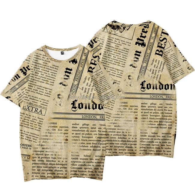 Factory Wholesale Men Newspaper Print V-Neck T-shirt, 3D Digital Printed Men's T-shirt Multi Color, Newspaper Full Print T shirt