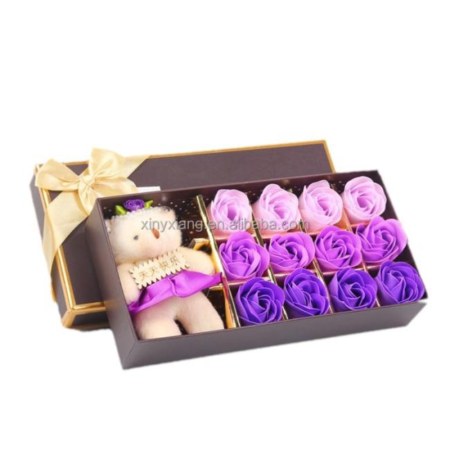 Factory Promotion 12pcs Rose+1 pcs Plush Bear Soap Flower Boxes Romantic Valentine Day Gift Christmas, soap rose flower gift box