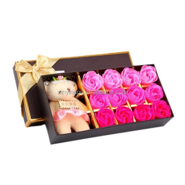 Factory Promotion 12pcs Rose+1 pcs Plush Bear Soap Flower Boxes Romantic Valentine Day Gift Christmas, soap rose flower gift box