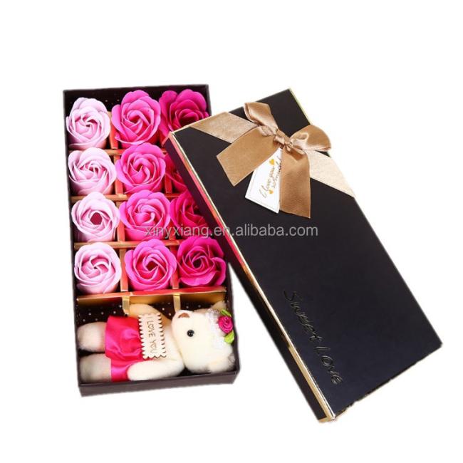 Factory Promotion 12pcs Rose+1 pcs Plush Bear Soap Flower Boxes Romantic Valentine Day Gift Christmas, soap rose flower gift box