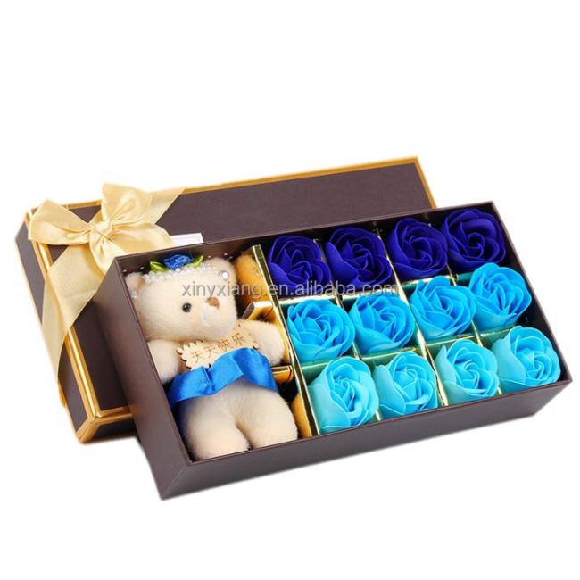 Factory Promotion 12pcs Rose+1 pcs Plush Bear Soap Flower Boxes Romantic Valentine Day Gift Christmas, soap rose flower gift box