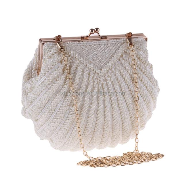 Factory Wholesale Vintage Beaded Clam Shell Evening Bag, Beaded Seashell Clam Shell Purse Evening Bag With Gold Tone Chain Strap
