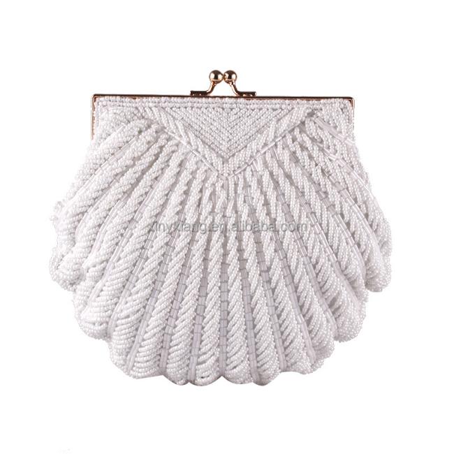 Factory Wholesale Vintage Beaded Clam Shell Evening Bag, Beaded Seashell Clam Shell Purse Evening Bag With Gold Tone Chain Strap