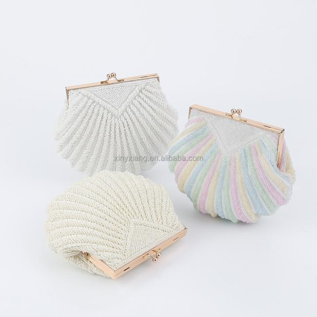 Factory Wholesale Vintage Beaded Clam Shell Evening Bag, Beaded Seashell Clam Shell Purse Evening Bag With Gold Tone Chain Strap