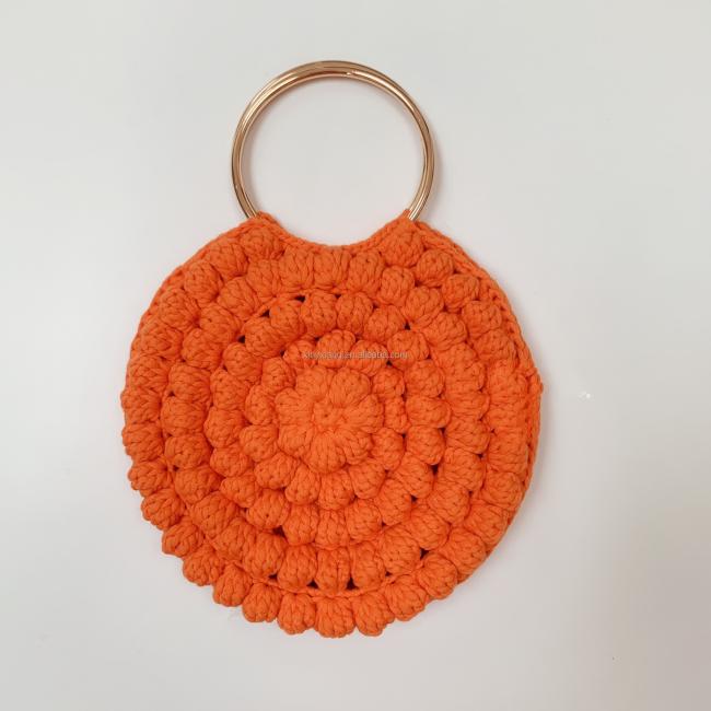 Factory Custom Tote Bag Hand Crochet Cotton Sturdy Funky Recycled Yarn, Sun Flower Beach Crochet Round Straw Tote Bag