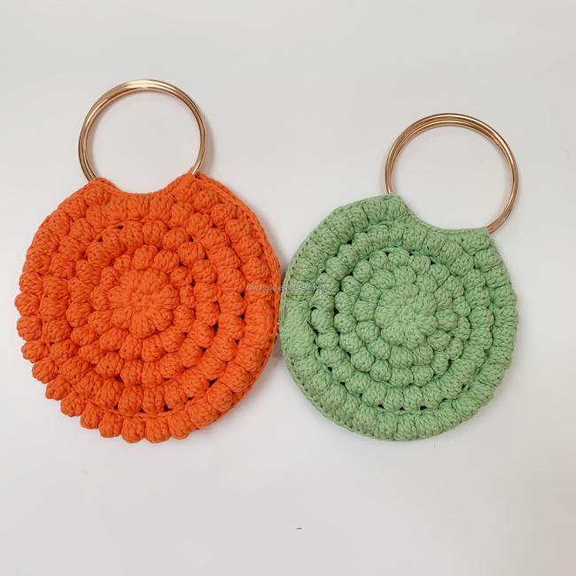 Factory Custom Tote Bag Hand Crochet Cotton Sturdy Funky Recycled Yarn, Sun Flower Beach Crochet Round Straw Tote Bag