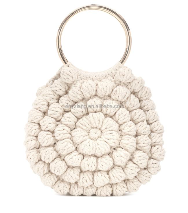 Factory Custom Tote Bag Hand Crochet Cotton Sturdy Funky Recycled Yarn, Sun Flower Beach Crochet Round Straw Tote Bag