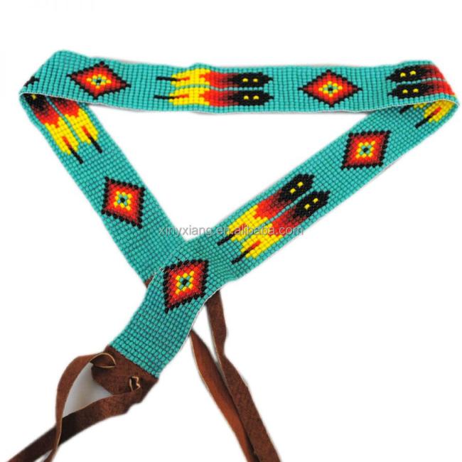 Factory Custom Beaded Stretch Belt, vintage beaded stretch belt with teak wood buckle, Rainbow Handmade Beaded Stretchy Belt