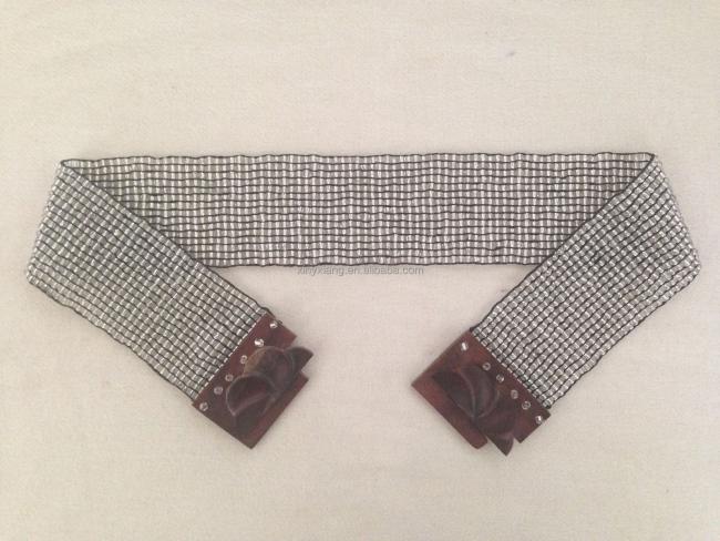 Factory Custom Beaded Stretch Belt, vintage beaded stretch belt with teak wood buckle, Rainbow Handmade Beaded Stretchy Belt
