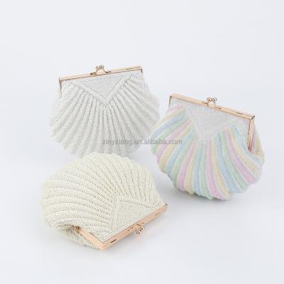 China Factory Wholesale Vintage Beaded Clam Shell Evening Bag, Beaded Seashell Clam Shell Purse Evening Bag With Gold Tone Chain Strap for sale