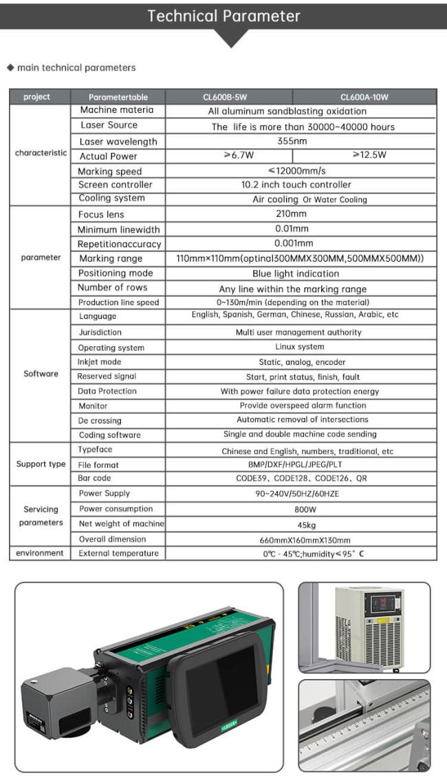 Technical specifications diagram for CL600B CO2 Flying Laser Marking Machine