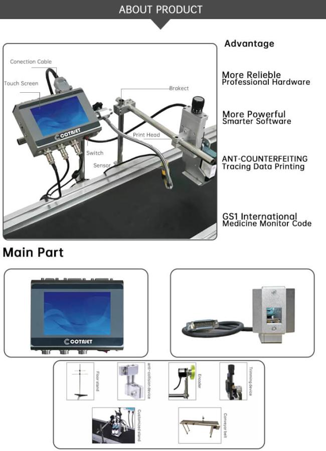 Industrial thermal inkjet printer showing printing operation on packaging materials