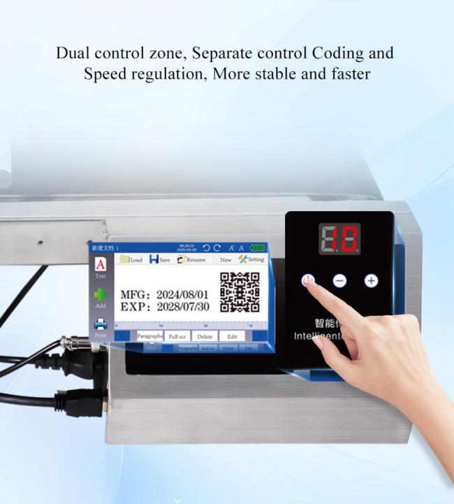 Side view of conveyor system with TIJ coding printer