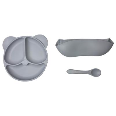 China Food Plate Baby Dinnerware Silicone Feeding Set Customized Sizes Grey Bear Shape 3Pcs for sale