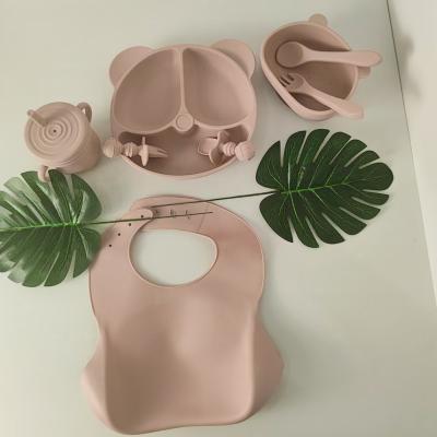 China Silicone Baby Feeding Set Bear Suction Plate Bowl BPA Free Toddler Self Feeding Supplies Waterproof Bib Snack Cup Spoon Fork for sale