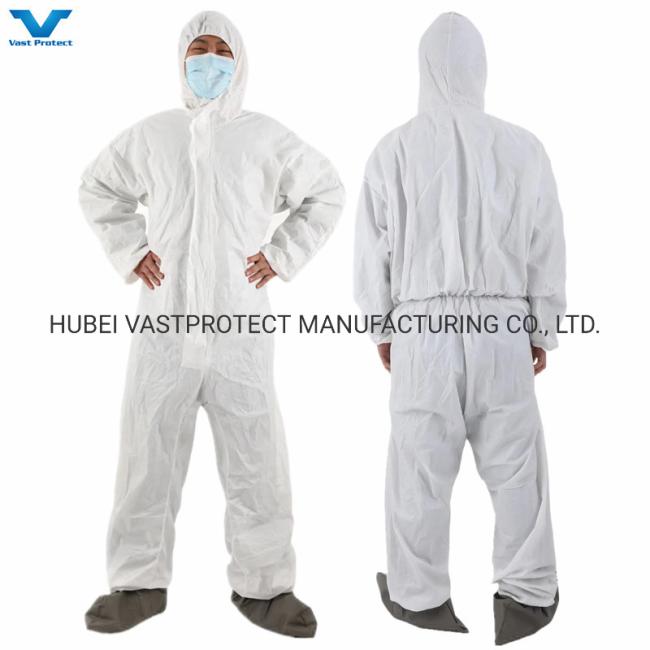 CE Cat 3 Type 5 6 Microporous White Disposable Coveralls with Grey Anti-Slip Bootscover