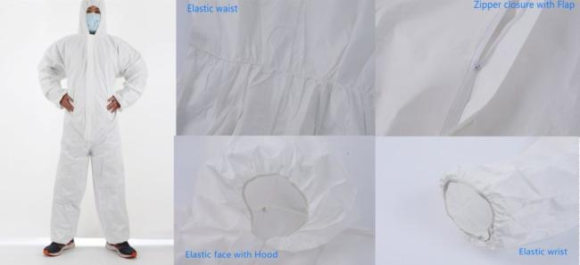 CE Cat 3 Type 5 6 Microporous White Disposable Coveralls with Grey Anti-Slip Bootscover