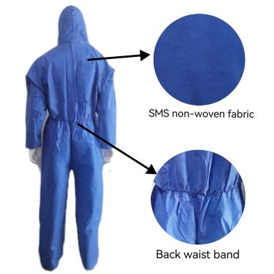 Cina SMS Protective Coverall con cappuccio elastico Nonwoven Isolation Overall Hazmat PPE Kit in vendita