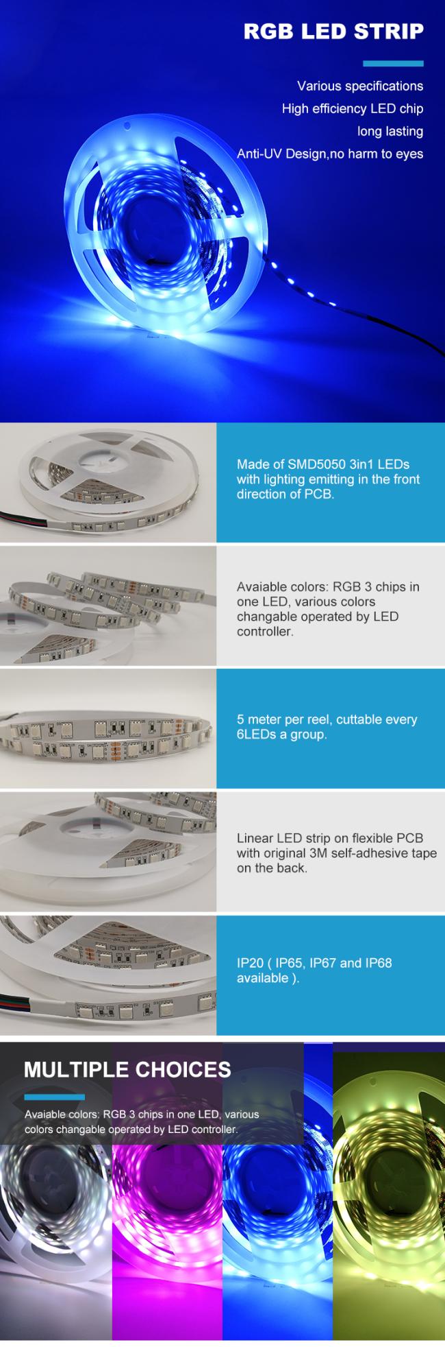 Factory direct sale outdoor rgb led strip lights smd5050 addressable rgb led strip 14.4 watt per meter IP20 IP65 IP67 and IP68