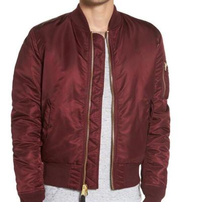 China Custom 100% Polyester Solid Wine Red Color Plain Padded Bomber Jacket Men for sale