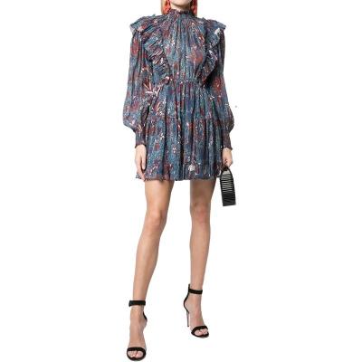China Long Sleeve Layers of Frills Blue Floral Print Ruffle Dress Mini Women Dress for sale