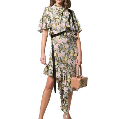 China Ruffle Sleeve Asymmetrical Hem Flounce Floral Printed Midi Shirt Dress with Button for sale