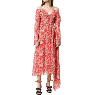 China Custom Silk Asymmetrical Hem Floral Print Off-the-Shoulder Maxi Dress for sale